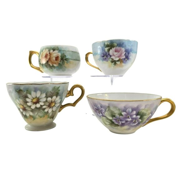 Vintage | Dining | Vintage Handpainted Porcelain Tea Cups Floral Gold ...